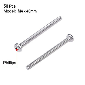 50 Pcs M4 x 40mm 304 Stainless Steel Phillips Round Pan Head Machine Screws Use for Cabinet Drawer Pull Handle, Metric Fine Thread.