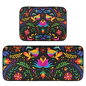 ZENWAWA Mexican Floral Bird Kitchen Rug 2 Pieces Set, Kitchen Mats Water Absorbent Comfort Standing Floor Rugs for Kitchen Sink Laundry Room