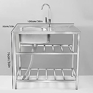 Commercial restaurant sink, stainless steel outdoor sink, freestanding utility sink with faucet and double shelf for bar, restaurant, kitchen, hotel, home, workshop, sink (Size : 75 * 40cm/30 * 16in)