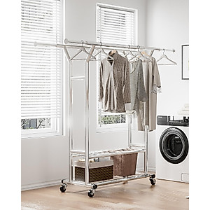 XBurmo Heavy Duty Clothing Rack - Portable Rolling Clothes Rack with Wheels, Adjustable Garment Racks for Hanging Clothes, Free Standing Metal Clothing Rack for Home, Commercial, Laundry Room, Silver