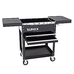 Sunex 8035 Black Compact Slide Utility Cart, Locking Slide Top, Swivel/Locking Casters, 18 Gauge Steel, Latching Drawers, 450-Pound Capacity