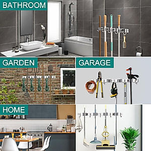 OCGIG 2 Pack Mop and Broom Holder, Wall Mounted Metal Hanger Organization Storage Heavy Duty Tool Organizer for Garage Home Kitchen Laundry Garden (4 Racks and 5 Hooks)