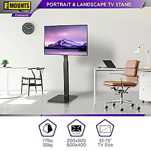 Portrait to Landscape TV Stand for 32" to 75" TVs, Height Adjustable 360° Rotating Monitor Stand with Glass Base, Floor TV Stand Mount with ±30° Swivel Range, Max VESA 600x400 Menu Wall Board