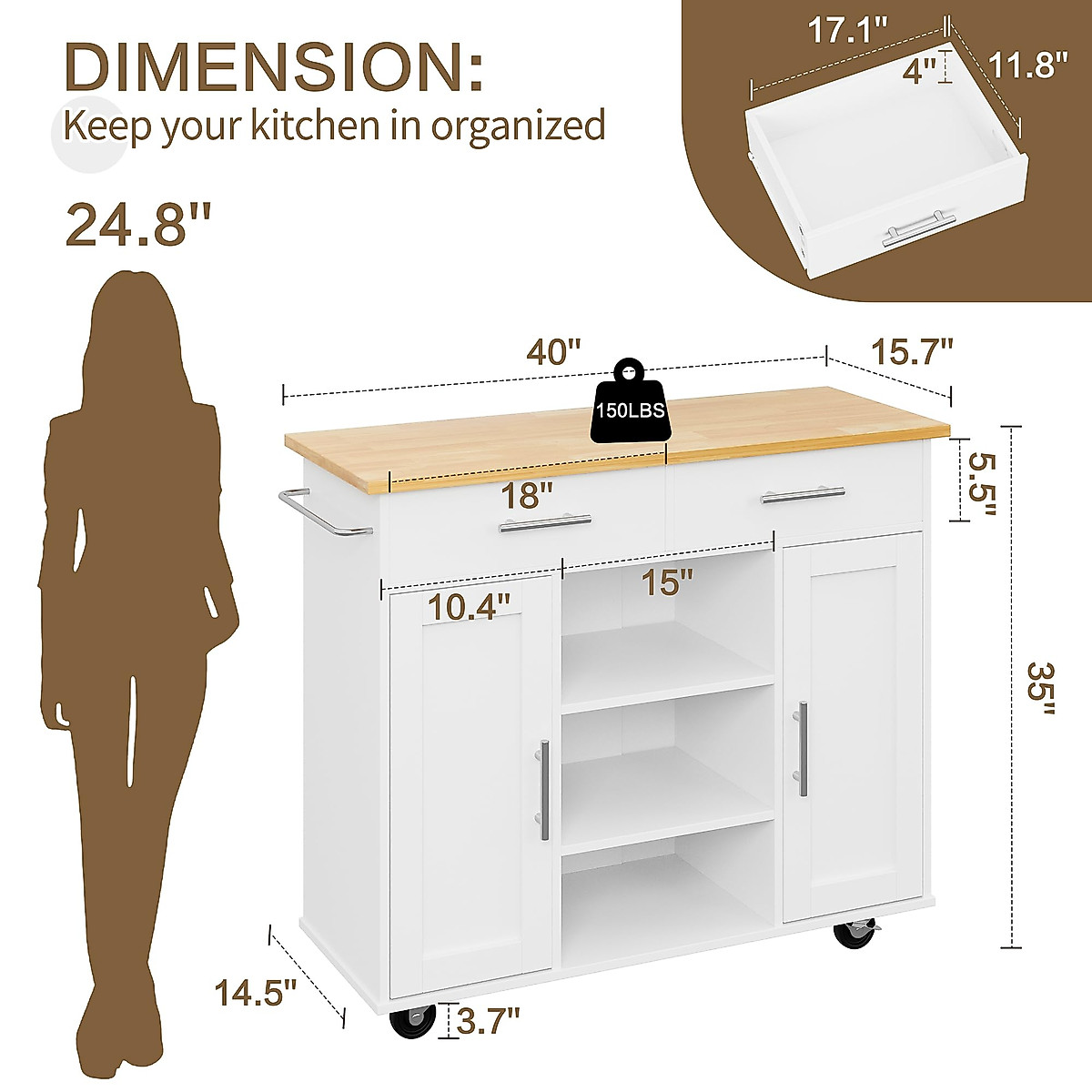 SUNLEI Kitchen Island on Wheels with Storage Cabinet & Drawer, 40" Kitchen Cart Cabinet with Shelves, Cart Handle for Towel Rack or Free Mobility, Portable Islands for Kitchen(White)