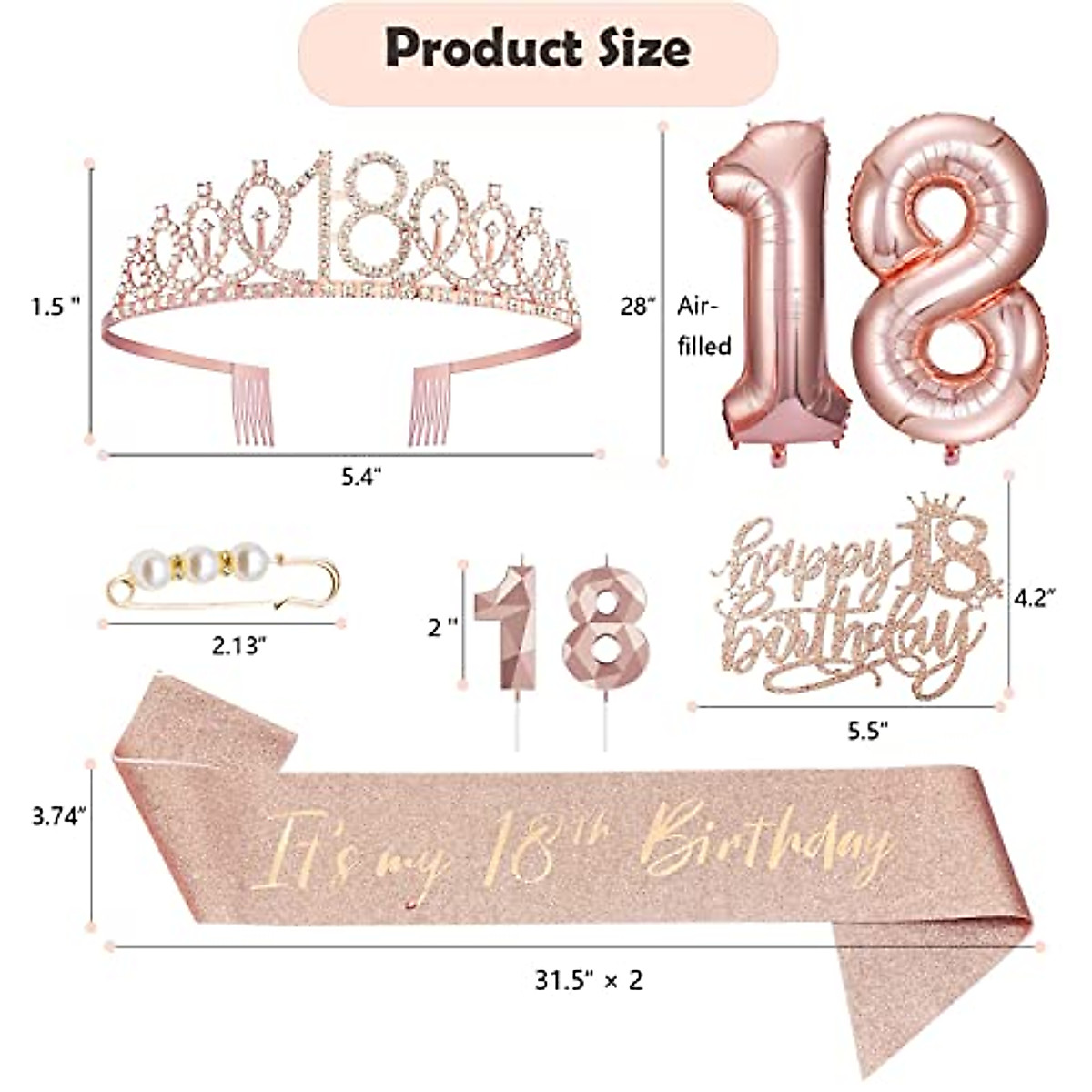 8pcs 18th birthday decorations for girls, Including 18th Happy Birthday Cake Toppers, Birthday Queen Sash with Pearl Pin, Sweet Rhinestone Tiara Crown, Number Candles and Balloons Set, Rose Gold