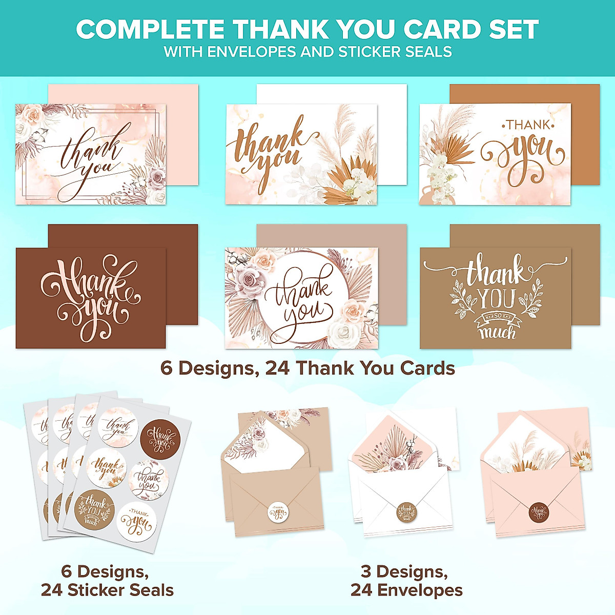 Decorably Thank You Cards with Envelopes & Stickers - 24 Pack Boho Thank You Cards with Envelopes, Blank Inside Baby Shower Thank You Cards Boho, 6x4in Baby Shower Thank You Cards with Envelopes Boho