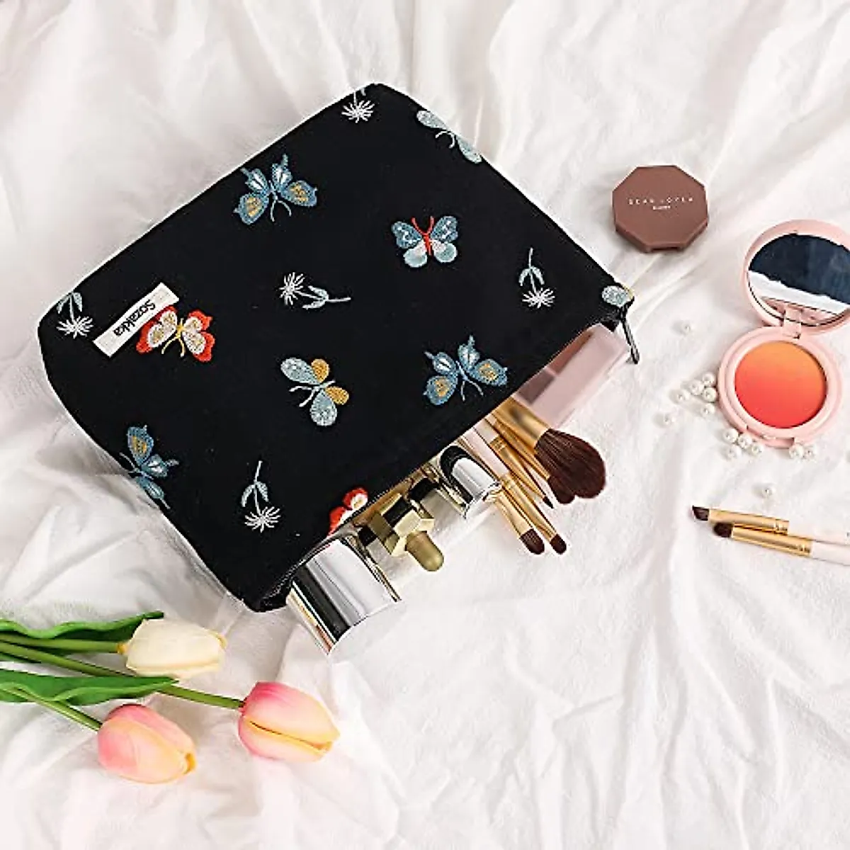 LYDZTION Butterfly Makeup Bag Cosmetic Bag for Women,Large Capacity Canvas Makeup Bags Travel Toiletry Bag Accessories Organizer,Black