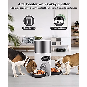 HUICOCY Automatic Cat Feeders, 304 Stainless Steel Timed Cat Food Dispenser for 2 Cats & Small Dog, 4.5L Pet Feeder with 2-Way Splitter, 1-4 Meals Portion Control,10s Voice Recorder, Dual Power Supply