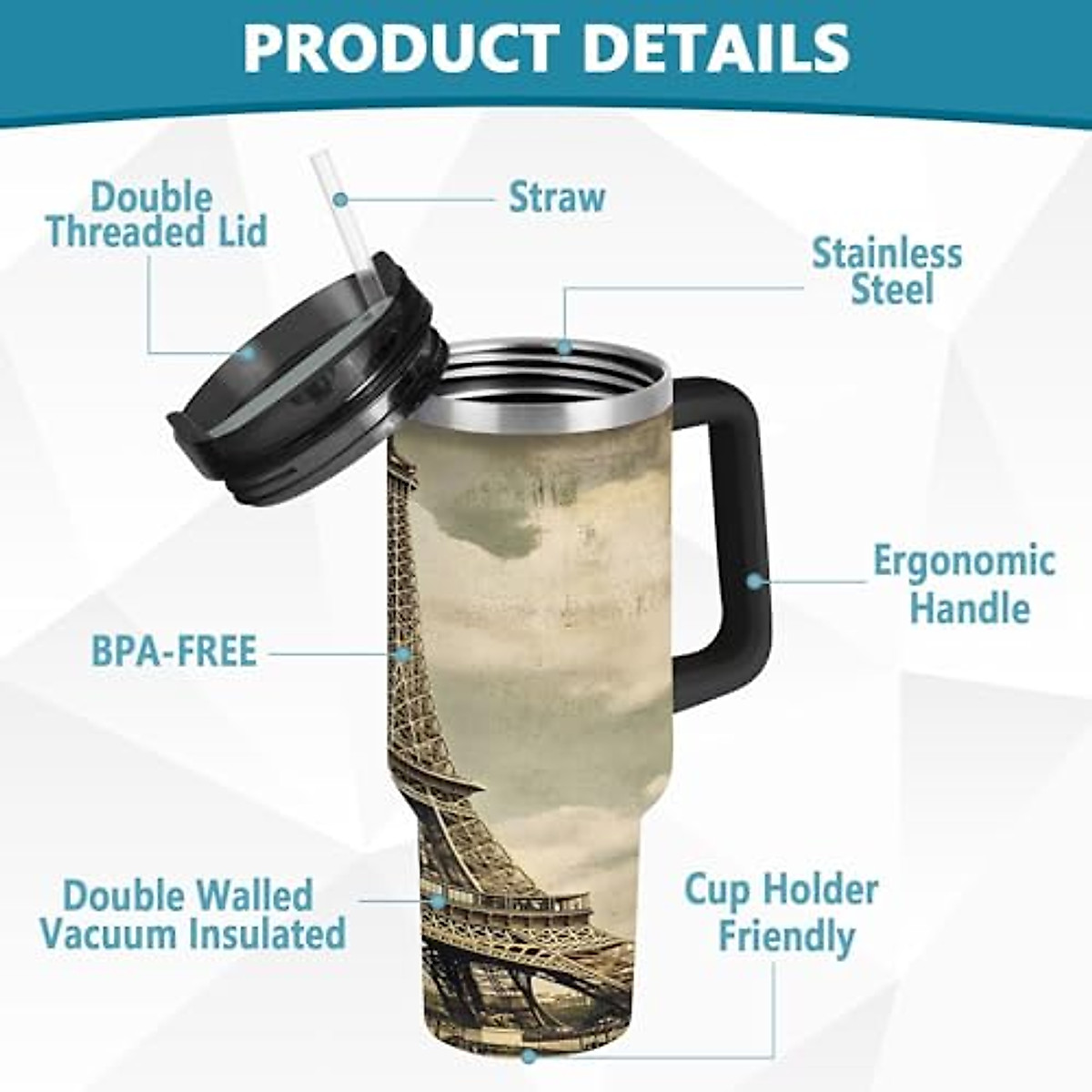 Flradish 40oz Tumbler with Handle, Vintage Eiffel Tower in Paris Stainless Steel Tumbler with Lid and Straws Double Wall Vacuum Insulated Leakproof Coffee Travel Mug