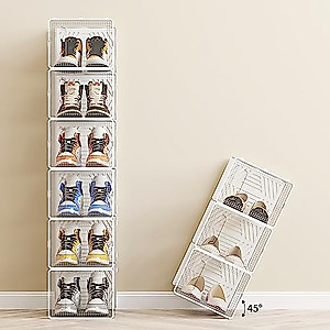 JOISCOPE 12 Pack Shoe Storage Boxes, Fit up to US Size 10, Clear PP Plastic Stackable Shoe Organizer for Closet, Space Saving Foldable Shoe Container Bins, for Entryway, White