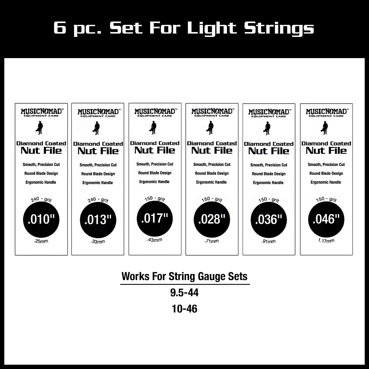 MusicNomad MN668 6 pc. Diamond Coated Electric Guitar Nut Slotting File Set - Light Strings, with Storage Case