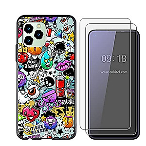 AQGG [2 Pack] Tempered Glass + Cover for Oukitel C21 Pro [6.39"], 9H Hardness Screen Protector and Soft Silicone Case Bumper Shell Black Flexible Phone Protective TPU Cases -Cartoon Devil