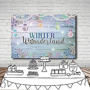 MEHOFOND 7x5ft Winter Wonderland Christmas Rustic Wood Backdrop for Photography Ice Blue Snowflake Boy Girl Birthday Background Baby Shower Party Decorations Photo Booth Props
