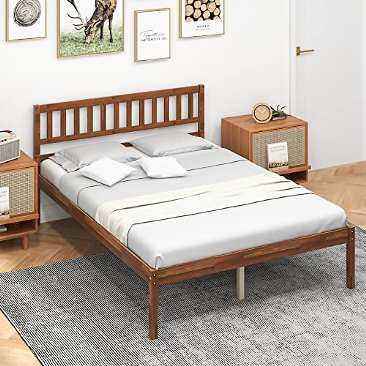 Giantex Wood Full Bed Frame with Headboard, Mid Century Platform Bed with Wood Slat Support, Solid Wood Foundation, 12 Inch Height for Under Bed Storage, Easy Assemble, Walnut