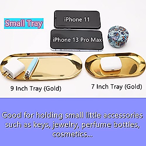 Stainless Steel Decorative Tray, Set of 2, 9 Inch Long, Jewelry Dish Cosmetics Organizer Bathroom Clutter Serving Platter Small Storage Tray, Oval, Gold