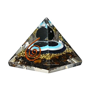 Ultimate Protection Orgone Pyramid with Evil Eye Black Obsidian Sphere - Triple Protection Crystals Tiger Eye Hematite & Black Obsidian (30mm, Small)