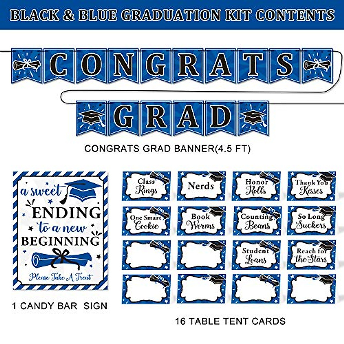 Yaaaaasss! 18pcs Graduation Candy Bar Dessert Buffet Decoration-A Sweet Ending to A New Beginning Sign Blue Congrats Grad Banner Food Labels Dessert Table Party Favor Ideas Supplies Navy Blue