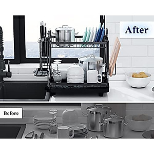 Kitsure Dish Drying Rack -Multifunctional Dish Rack, Rustproof Kitchen Dish Drying Rack with Drainboard & Utensil Holder, 2-Tier Dish Drying Rack with a Large Capacity for Kitchen Counter