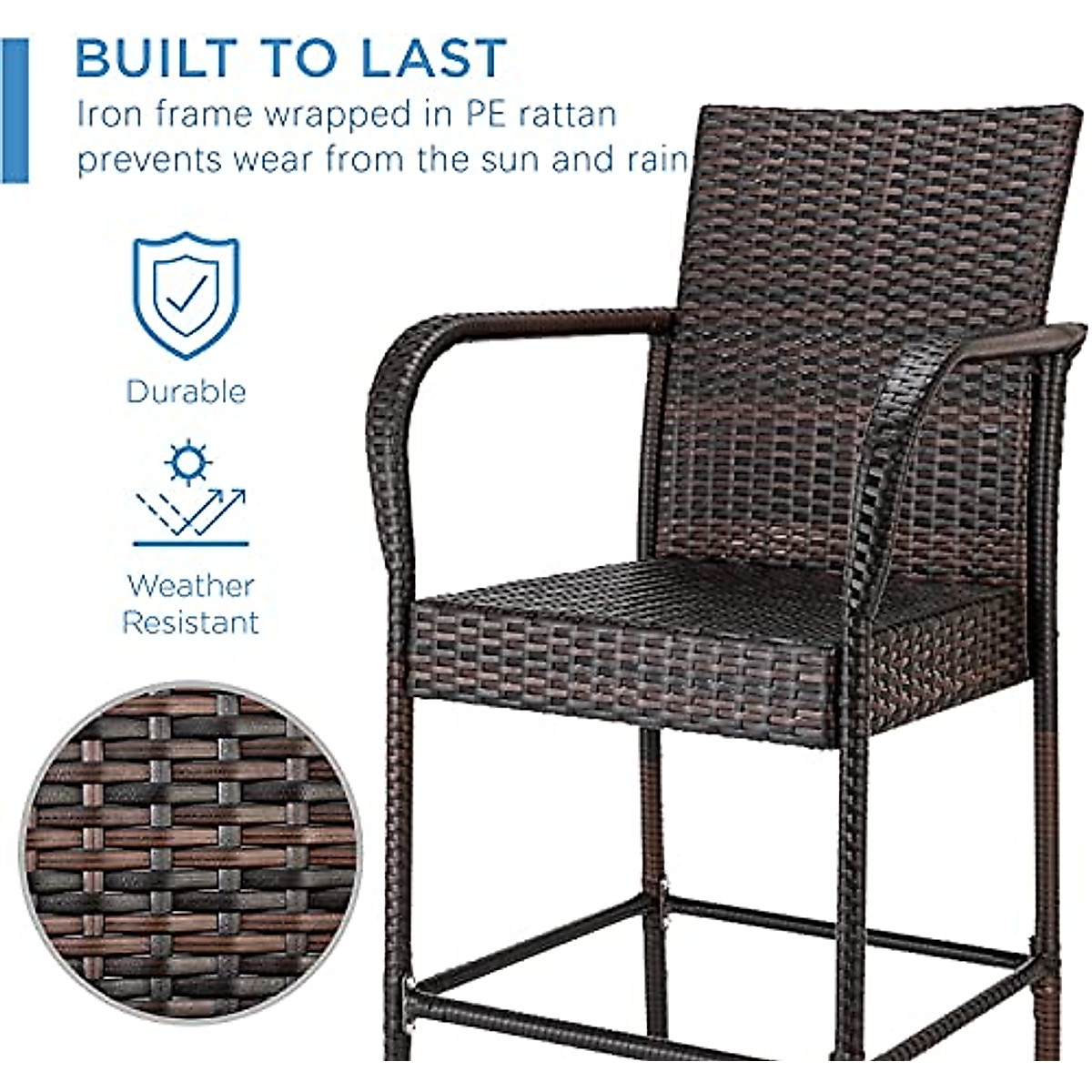 JOYBASE Outdoor Bar Stools Set of 2, Patio Stools, Tall Patio Chairs, Wicker Rattan Outside Barstool with Back and Armrest (Brown)
