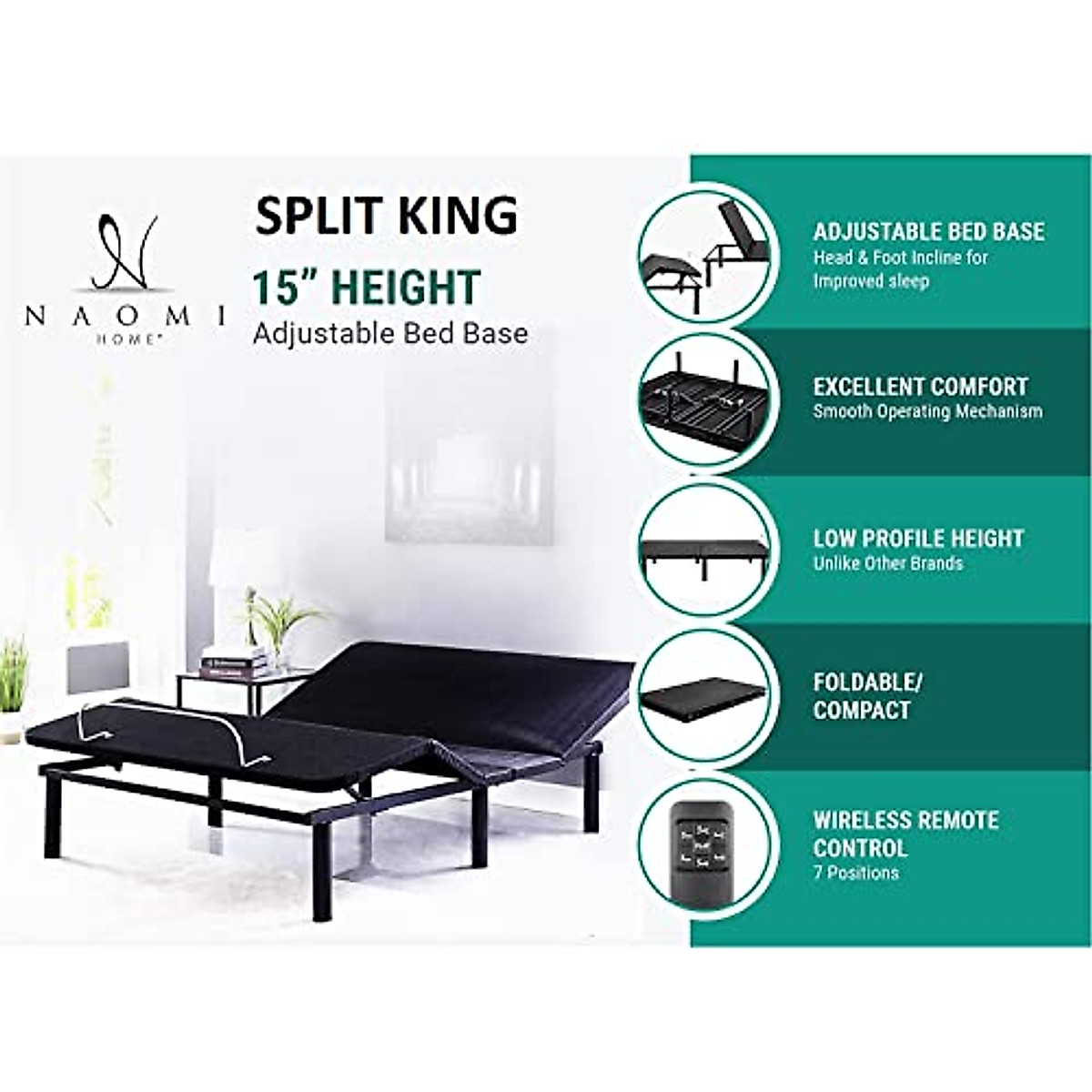 Split King Adjustable Base King Size 15" Split King Adjustable Bed Frame with Remote Base de Cama King Size Adjustable Bed Frame Black King Size Bed with 7 Positions Foldable Electric Adjustable Beds