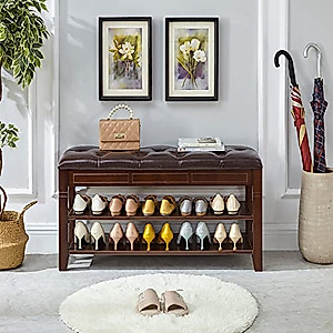 LEILISI Shoe Bench, Storage Rack Organizer with Cushion 2 Tier Lift Top Shoe Rack for Entryway Living Room Bedroom Hallway Wooden Furniture (Brown, 31.5'')