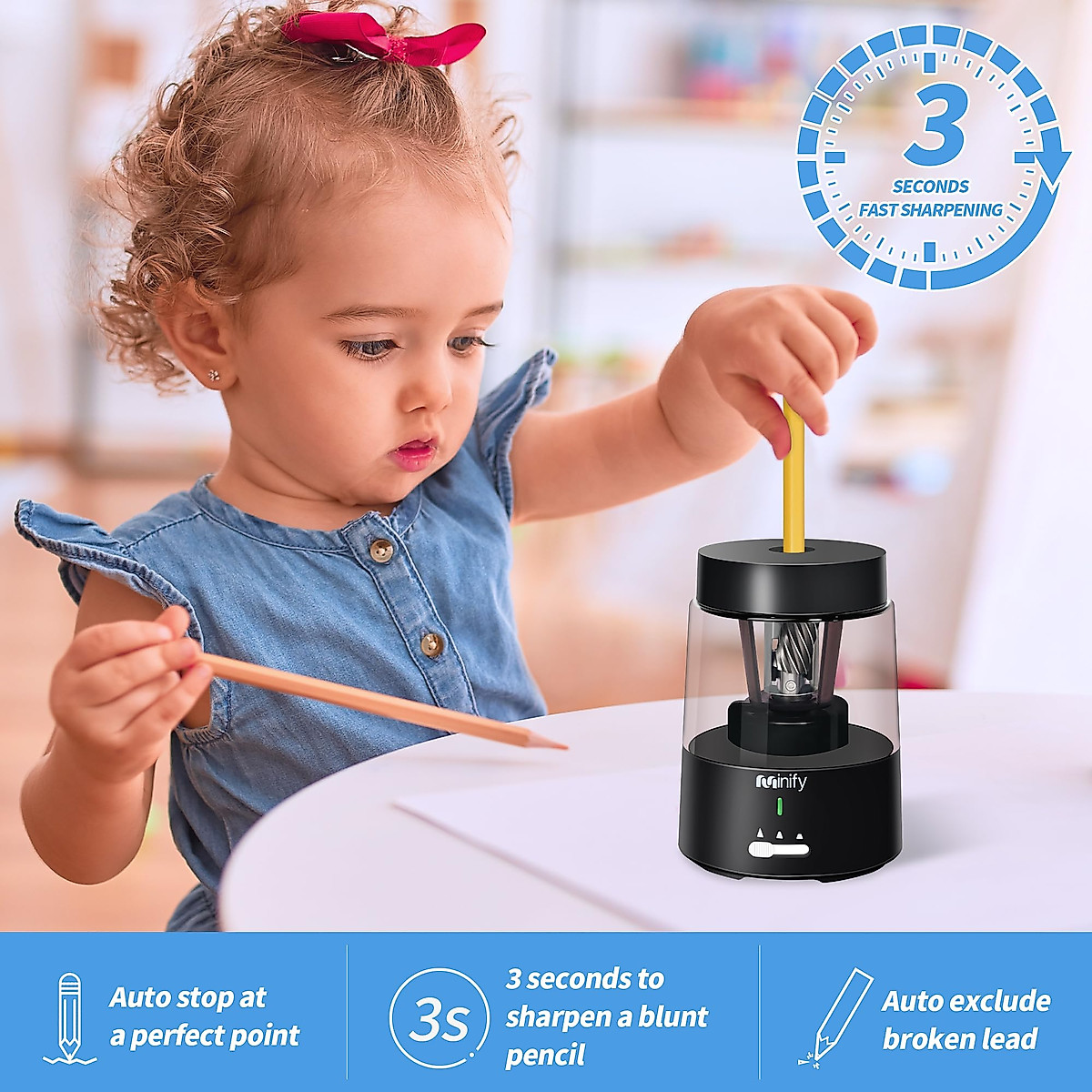 Minify Pencil Sharpener Electric Pencil Sharpener Heavy Duty Blade Rechargeable Battery Powered Pencil Sharpeners for 6-8mm Colored Pencils Auto Stop Fast Sharpen in 3s (Black)