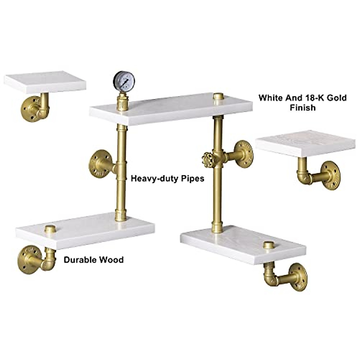 Industrial Retro Wall Mounted Iron Water Pipe Shelf/Bookcase/Shelving – Floating Shelf - Hung Bracket - DIY Storage Bookshelf – Height Adjustable Shelf - Wood Shelf (5-tier wall shelves, gold pipes)