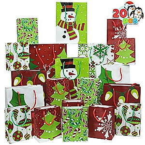 JOYIN 20 Christmas Goody Gift Bags with Handles Assorted Sizes, Holiday Paper Goodie Bag for Xmas Gift-Giving, Classroom and Party Favors