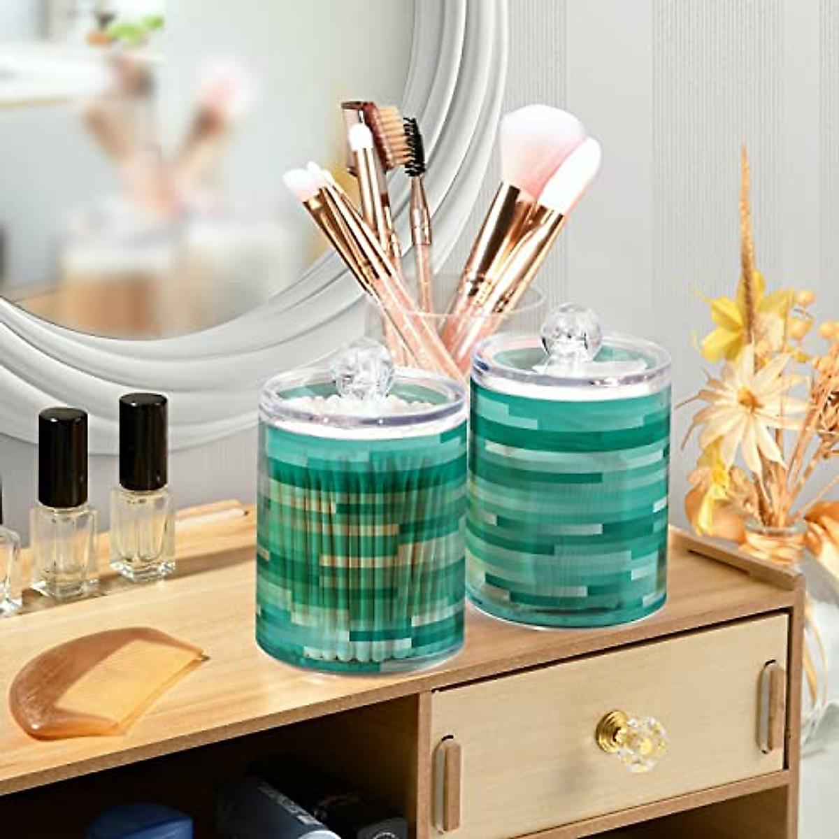 WELLDAY Apothecary Jars Bathroom Storage Organizer with Lid - 14 oz Qtip Holder Storage Canister, Teal Wood Clear Plastic Jar for Cotton Swab, Cotton Ball, Floss Picks, Makeup Sponges,Hair Clips (2 PA
