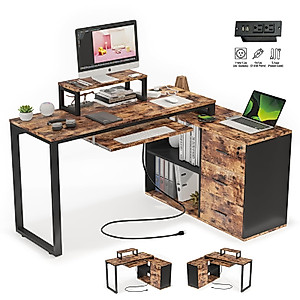 Hsozptry L Shaped Desk with Power Outlet & Drawers, Reversible Corner Computer Desk with Keyboard Tray, Monitor Stand & Storage Shelve, Large Home Office Desk, Rustic Brown