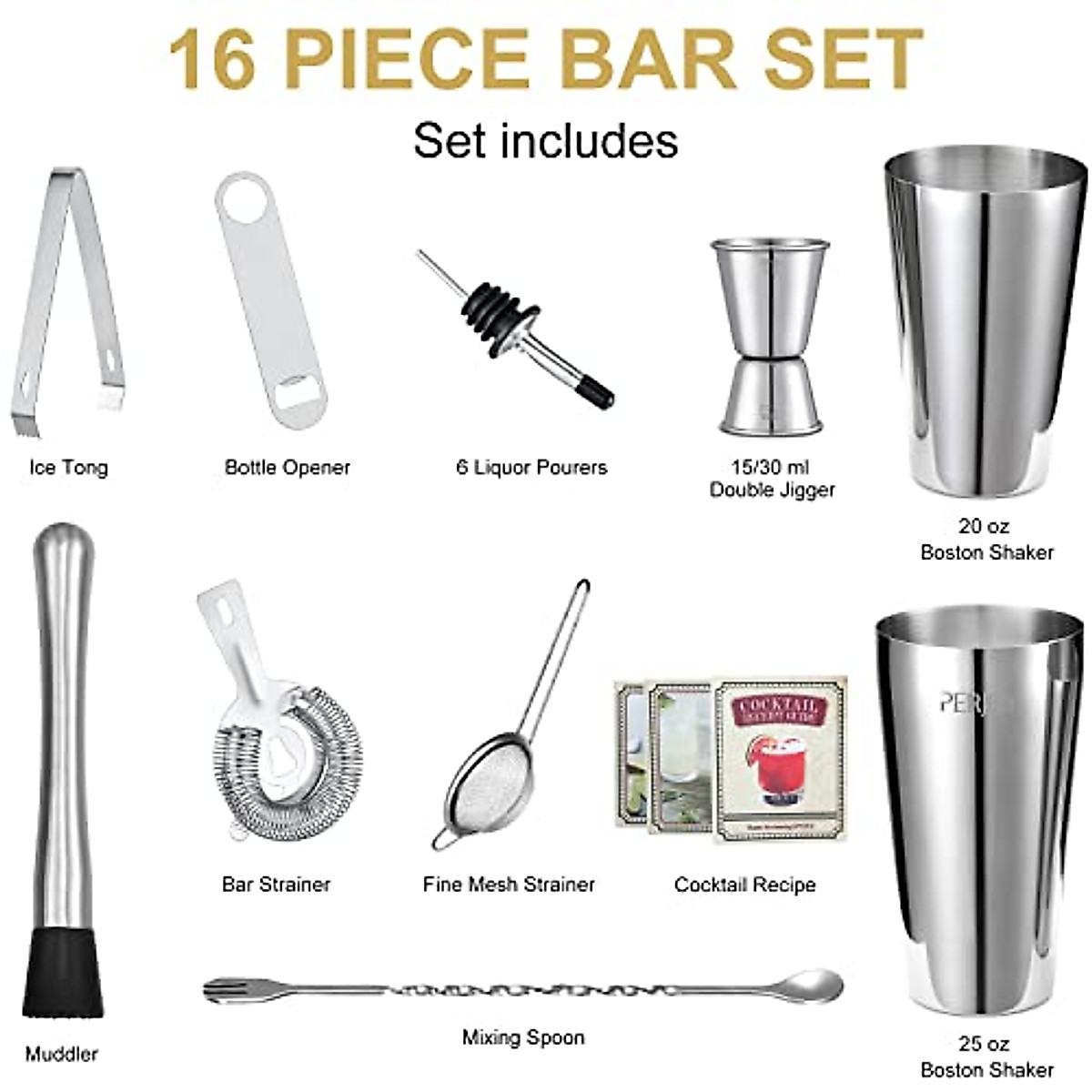 Perjoy Cocktail Shaker Set, 16 Piece Bartender Kit, Cocktail Shaker, Stainless Steel Bar Set Accessories, Coktail Set, Boston Shaker, Drink Mixer Shaker, Bartending Bar Tools with Muddler Spoon Jigger