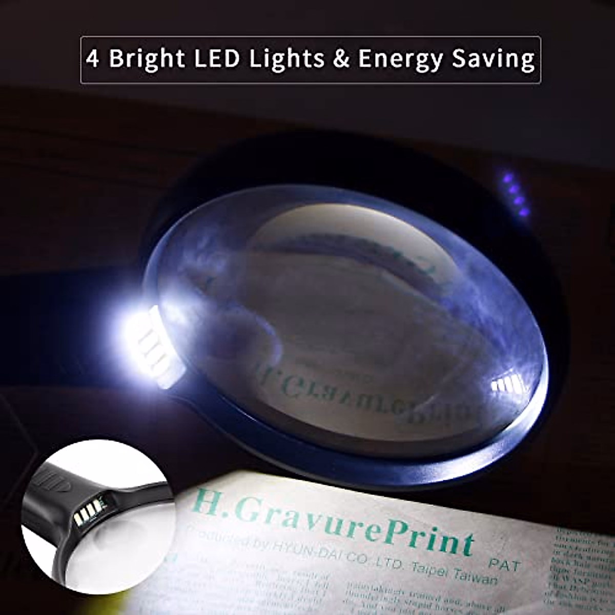 Magnifying Glass with Light, 10X 20X High Magnification, Large Handheld Magnifier with 4 LED Light, Suitable for Low Vision Seniors Reading, Jewelry, Coin, Science.