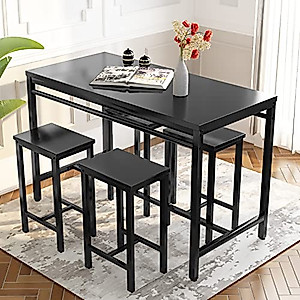 Lamerge Dining Bar Table Set for 4, Modern Counter Height Table and 4 Bar Stools, 5 Piece Bar Table and Chairs Set for Small Spaces, Apartment, Pub, Dining Room, Kitchen (Black)