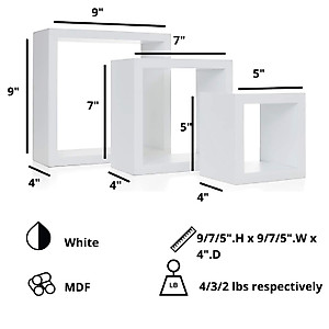 Kiera Grace Cubes, Set of 3, 9 x 9 inches, White Square Cubic Decorative Floating Shelves for Wall, 9.5 x 9.5 inches