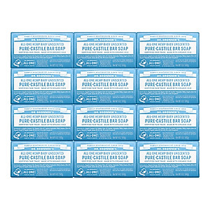 Dr. Bronner's - Pure-Castile Bar Soap (Baby Unscented, 5 Ounce, 12-Pack) - Made with Organic Oils, For Face, Body & Hair, Gentle for Sensitive Skin & Babies, No Added Fragrance, Biodegradable, Vegan
