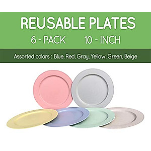 10 Inch Wheat Straw Flat Plastic Plates Set (6 Dinner Plates) - Dishwasher & Microwave Safe - Unbreakable Reusable Lightweight Eco Friendly & BPA Free Dinnerware - Dishes for Kids Toddlers & Adults