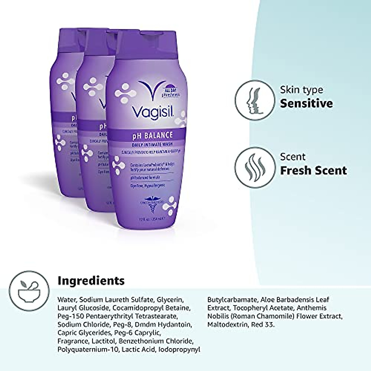 Vagisil Feminine Wash for Intimate Area Hygiene, pH Balance, Gynecologist Tested, Hypoallergenic, 12 oz, (Pack of 3)