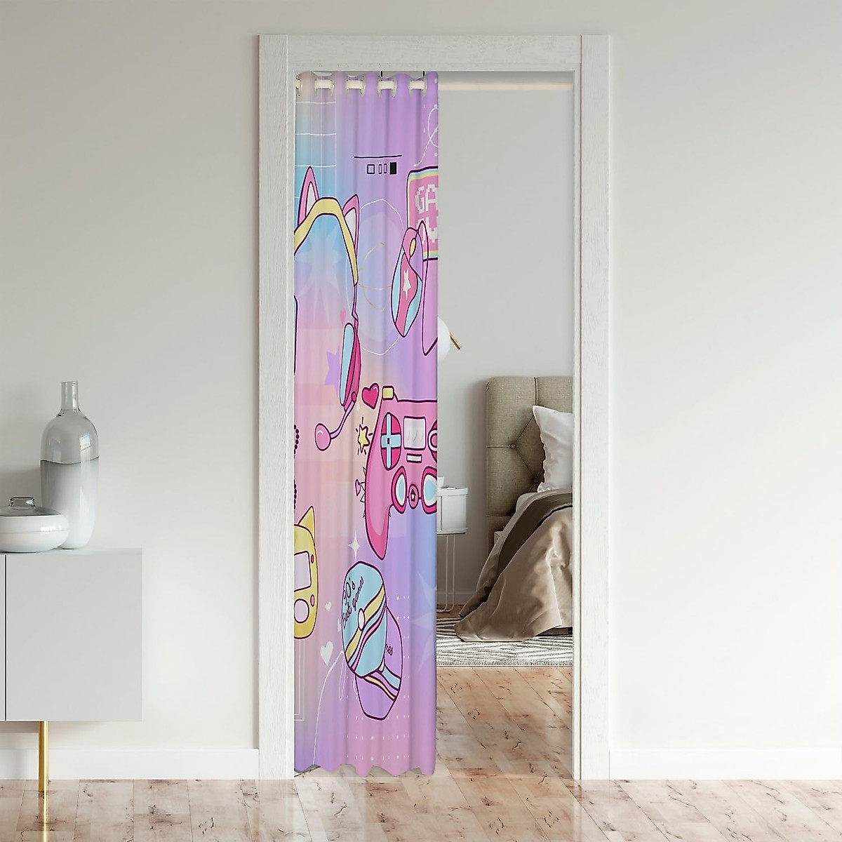Video Games Door Curtain 60" Wx80 L Pink Headset Gamepad Window Treatments Home Decor Modern Gamer Room Curtains for Couch Living Room Bedroom