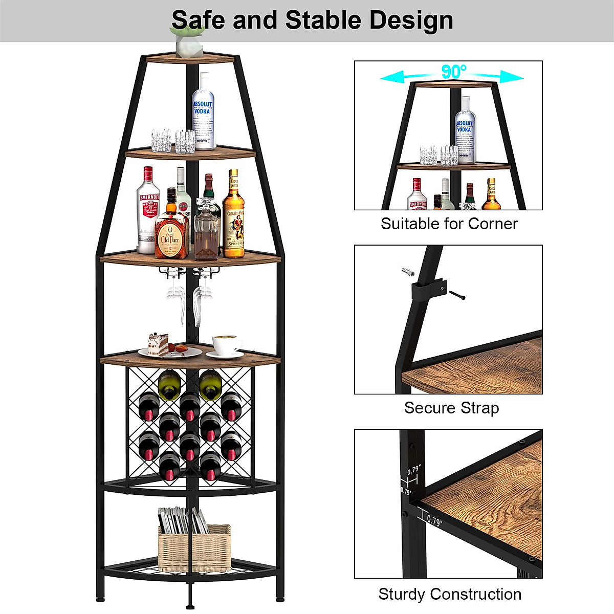 Espelism 5-Tier Corner Wine Rack with LED Light Floor Standing Wine Rack with Glass Holder and Bottles Wine Storage Home Bar Furniture for Kitchen Living Dining Room (Rustic Brown)