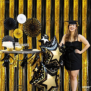 KatchOn, XtraLarge Black and Gold Streamers - 3.2x8 Feet, Pack of 2 | Happy New Year Backdrop for Happy New Year Decorations 2025 | Black and Gold Fringe Curtain for Black and Gold Party Decorations