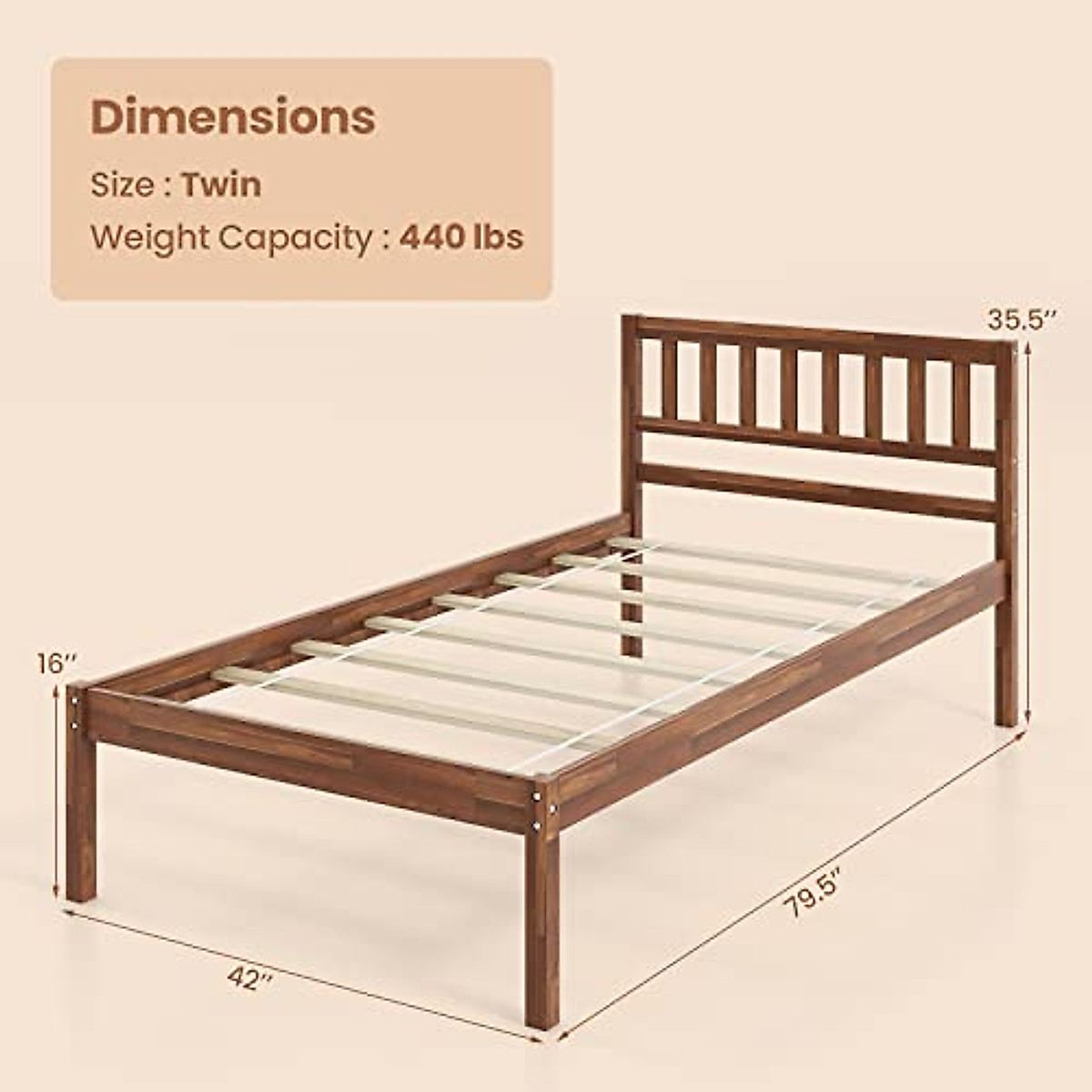 Giantex Wood Twin Bed Frame with Headboard, Mid Century Platform Bed with Wood Slat Support, Solid Wood Foundation, 12 Inch Height for Under Bed Storage, Easy Assemble, Walnut