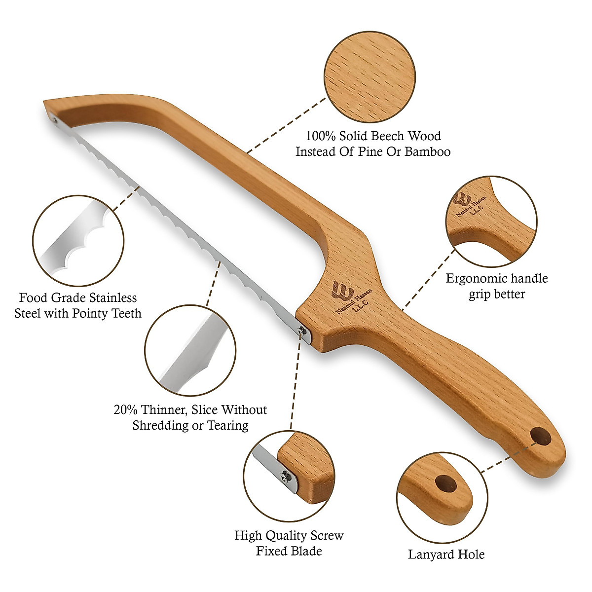 Nazmul Hassan LLC Wooden Bread Bow Slicer, Knife for Homemade Bread Stainless Steer 15.7-inch Bread Cutter Easy Grip Handle Cutter Tool with Wooden Handle for Kitchen Gift Kitchen Knife, Medium