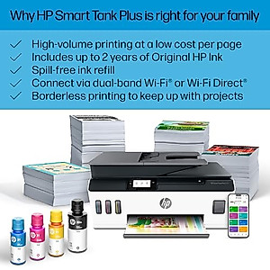 HP Smart -Tank Plus 651 Wireless All-in-One Ink -Tank Printer, up to 2 Years of Ink in Bottles, Auto Document Feeder, Mobile Print, Scan, Copy, Works with Alexa (7XV38A)