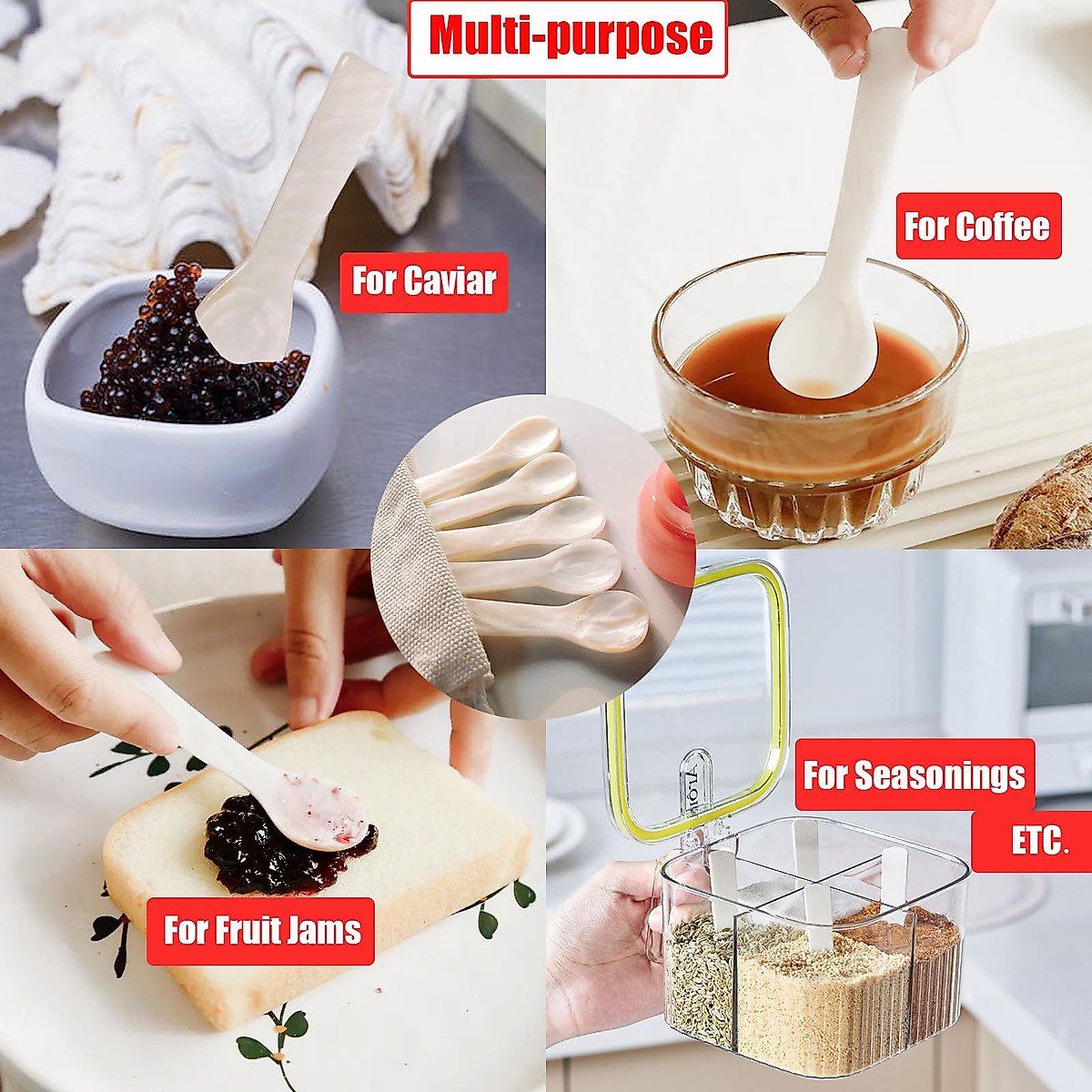 PETIT MANON 10PCS Caviar Spoons Mother Of Pearl Caviar Spoons W Round Handle, Handmade Pearl Spoon Shell Spoon for Caviar, Egg, Coffee, Ice Cream, Restaurant Serving (White,2.87 Inch)