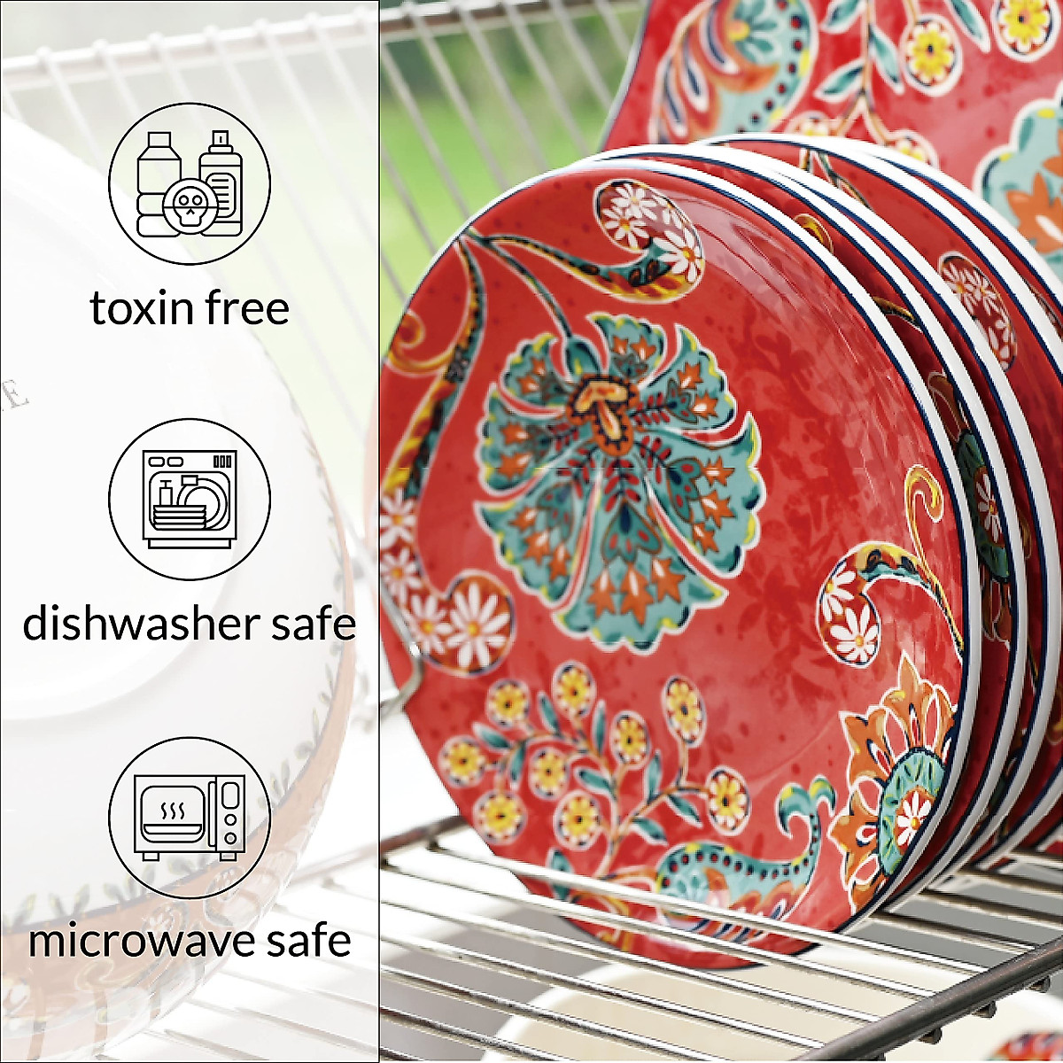 Sonemone Red Farmhouse Floral Dessert Plates, 6 Inch Appetizer Plates Set of 6, for Valentines Cake, Pie, Snacks, Ice cream, Side Dish, Sauces, Microwave & Dishwasher Safe