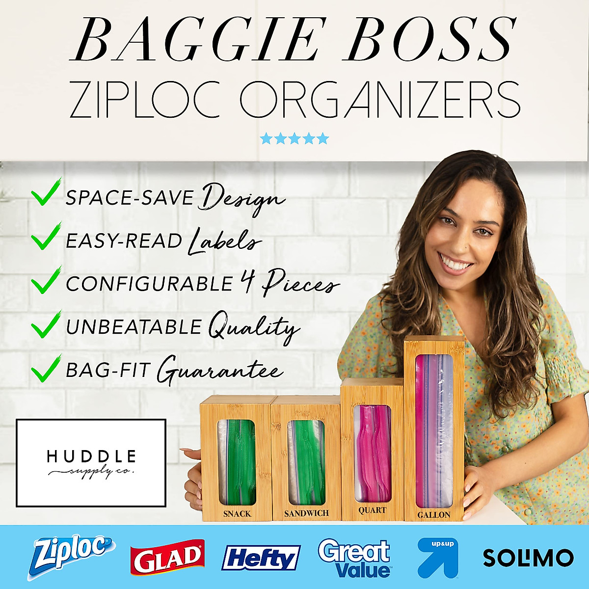 BAGGIE BOSS 4PC Configurable Bamboo Ziplock Bag Organizer Dispensers with Easy-Find Etched Labels - Fits Slider Bags, Solid Thick Bamboo Baggie Organizer, Easy-Read Etched Labels, Baggie Holder