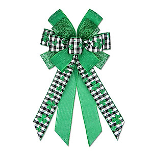 Saint Patrick Wreath Bows, St Patrick Glitter Green Clover Black Buffalo Plaid Bows for Wreaths - Large Decor Bows for Saint Patrick's Day Home Garden Indoor Outdoor Decoration Ornament Supplies
