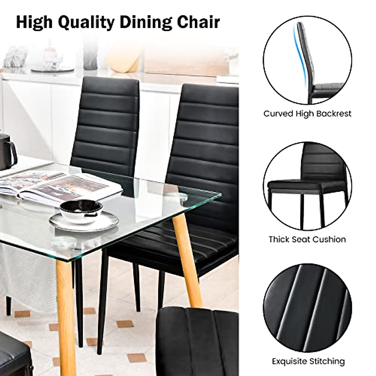 Giantex Set of 6 Dining Chairs, High Back Dining Room Chairs w/Steel Frame, Easy for Cleaning, PU Leather Chairs for Home Kitchen Furniture, Kitchen Chairs, Black