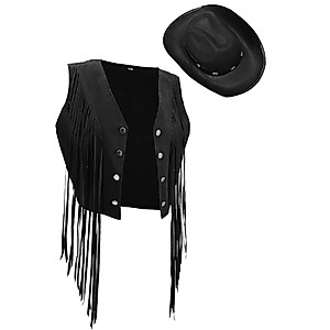 Yaomiao 70s Hippie Womens Fringe Vest Western Felt Cowgirl Hat Cowgirl Costume Rivets Sleeveless Faux Suede Tassels Jacket (Black,M)