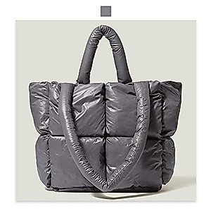 HACODAN Puffy Tote Bag for Women, Lightweight Quilted Cotton Padded Shoulder Bag, Trendy Down Handbag Crossbody Bag for Winter (Grey)